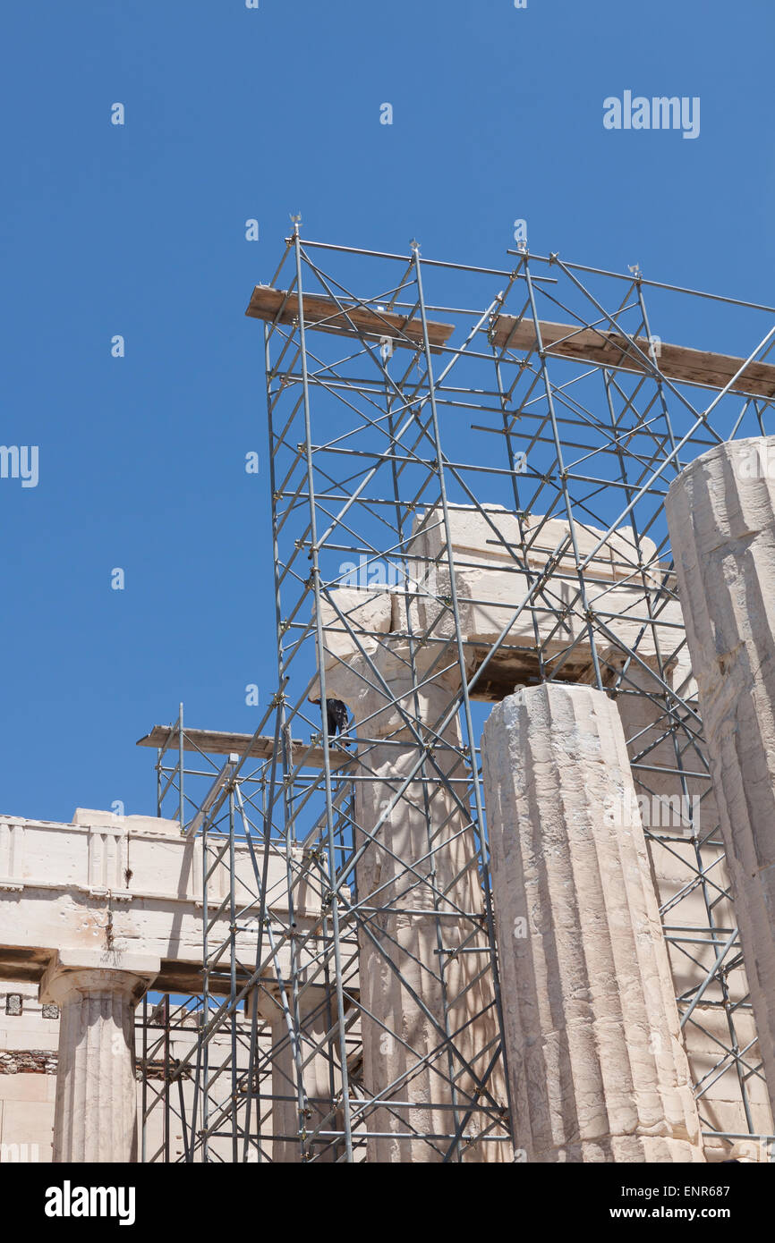 Scaffolding and Detail of columns of Parthenon in Athens Stock Photo ...