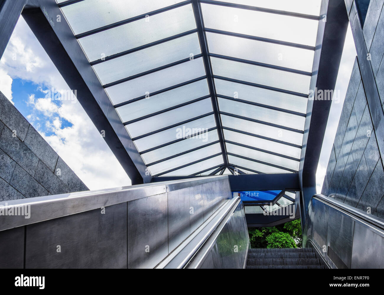 Berlin U-bahn station interior, escalator of underground railway ...