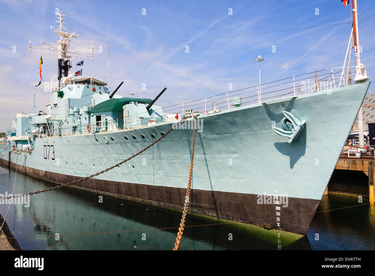 British Royal Navy warship, C class destroyer R73 HMS Cavalier. Bow ...