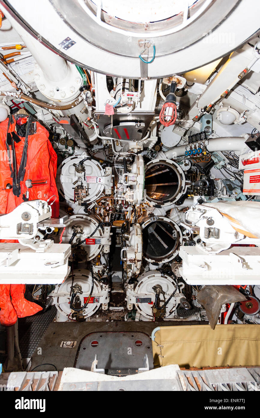 Submarine, interior. The forward torpedo room, with six torpedo tubes ...
