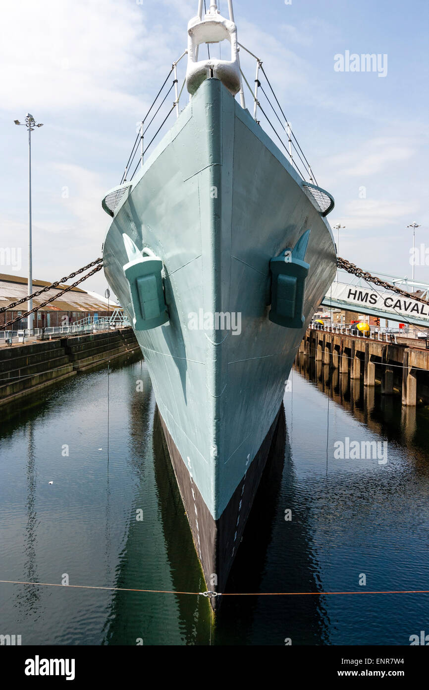 British Royal Navy warship, C class destroyer R73 HMS Cavalier, head on ...