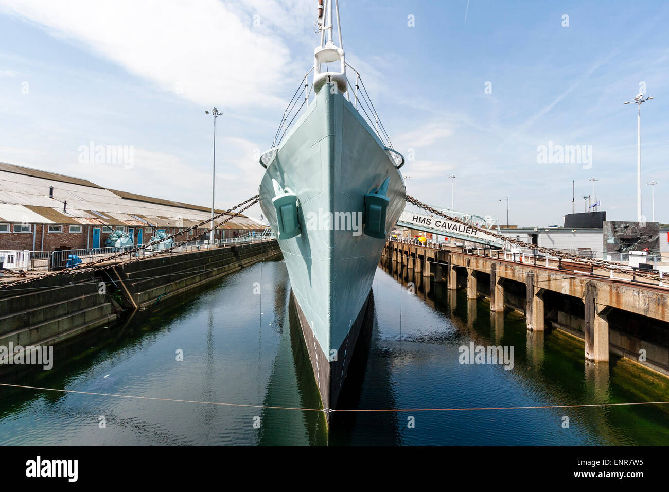 British Royal Navy warship, C class destroyer R73 HMS Cavalier, head on ...