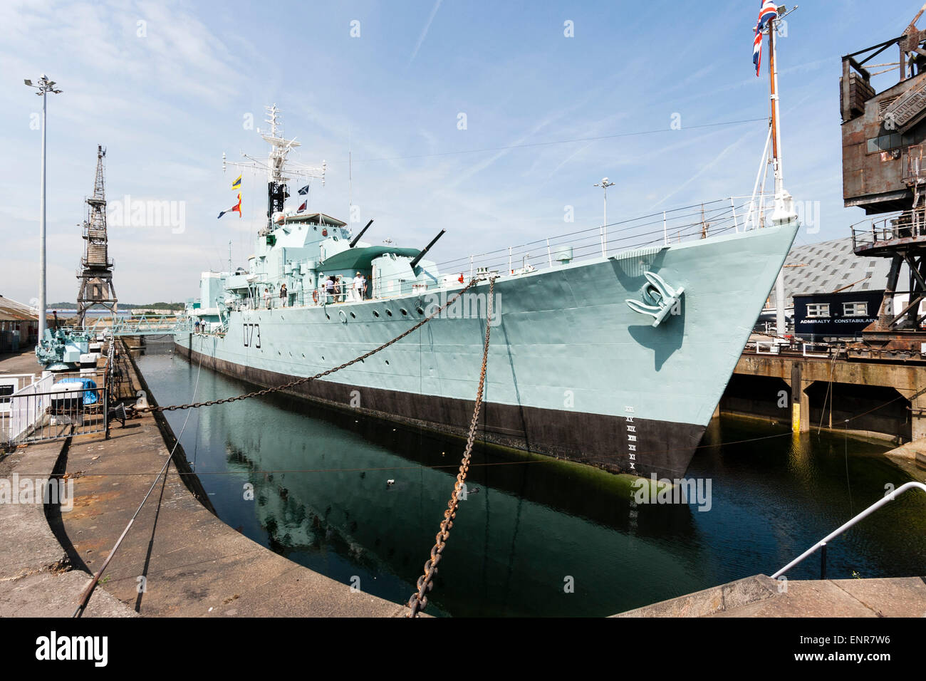 British Royal Navy warship, C class destroyer R73 HMS Cavalier. Bow ...