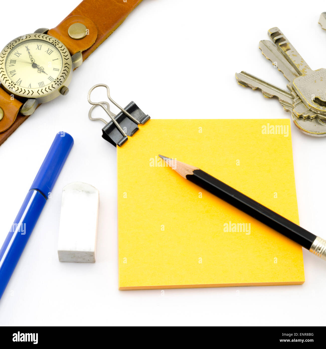 sticky note with supplies isolated on white background Stock Photo - Alamy