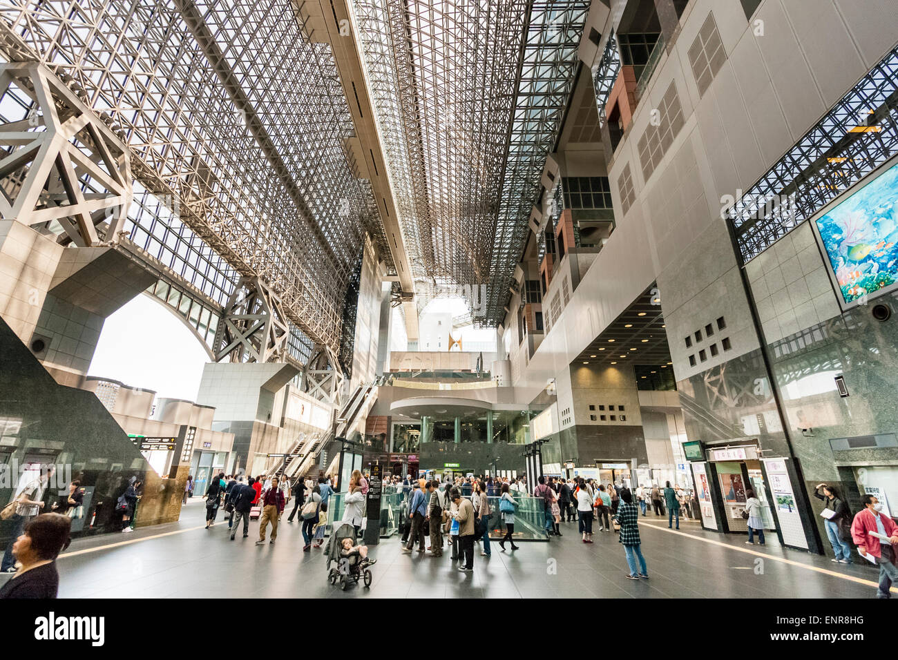Japan, Kyoto JR station, designed by Hiroshi Hara. Interior view along ...