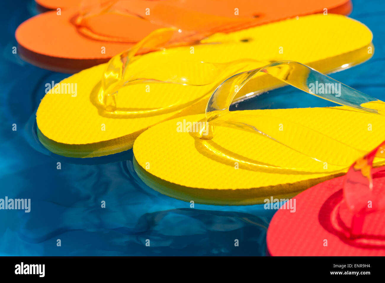 Multicolored flip flops floating in small pool Stock Photo - Alamy