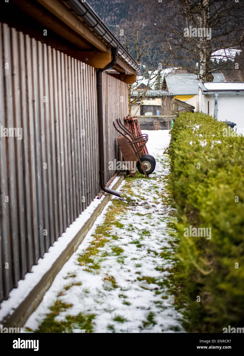 Old wheelbarrow standing at yard at farm Stock Photo - Alamy