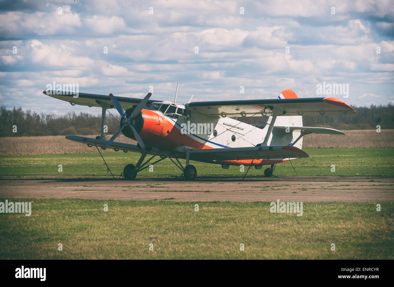 Old biplane aircraft in the airport. Vintage effect Stock Photo - Alamy