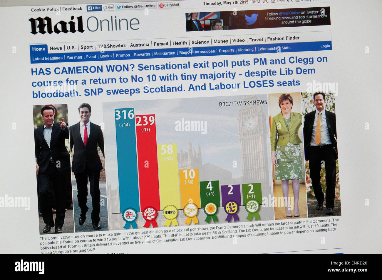 The Daily Mail online website showing the shock exit poll soon after ...