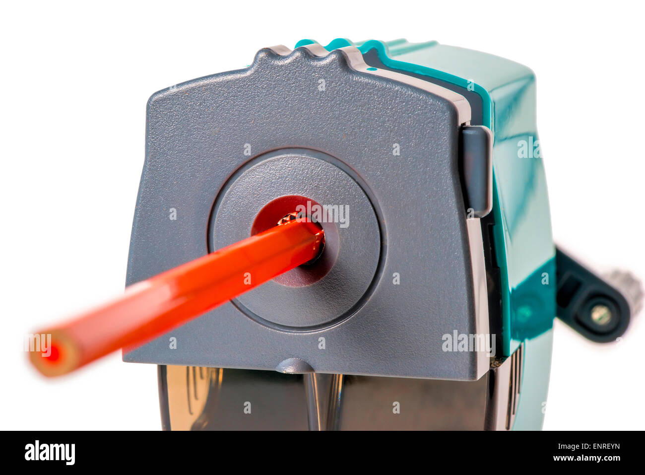 orange wooden pencil and mechanical sharpener macro Stock Photo - Alamy