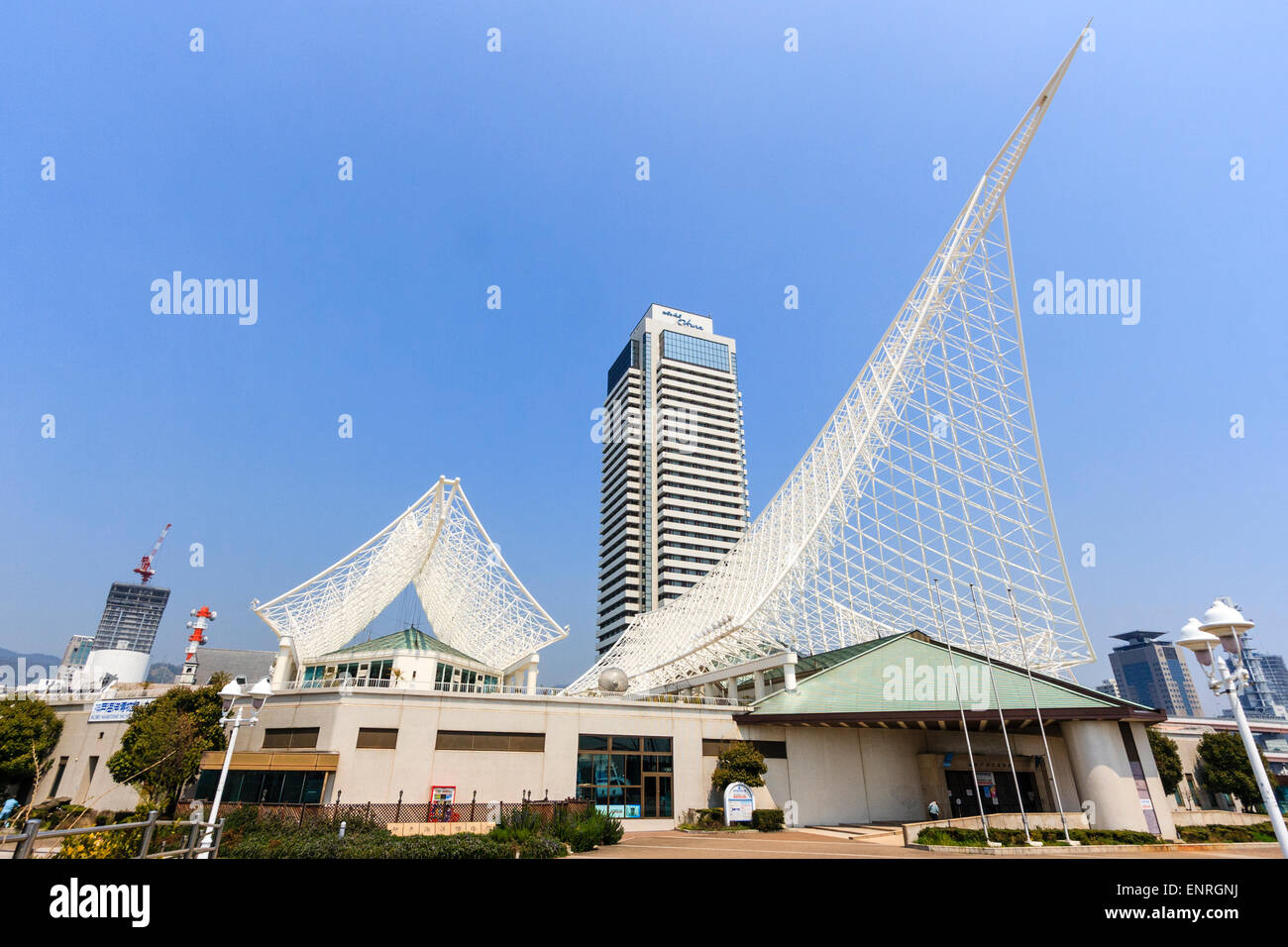 The white metal framework structure of the Kobe Maritime Museum with ...