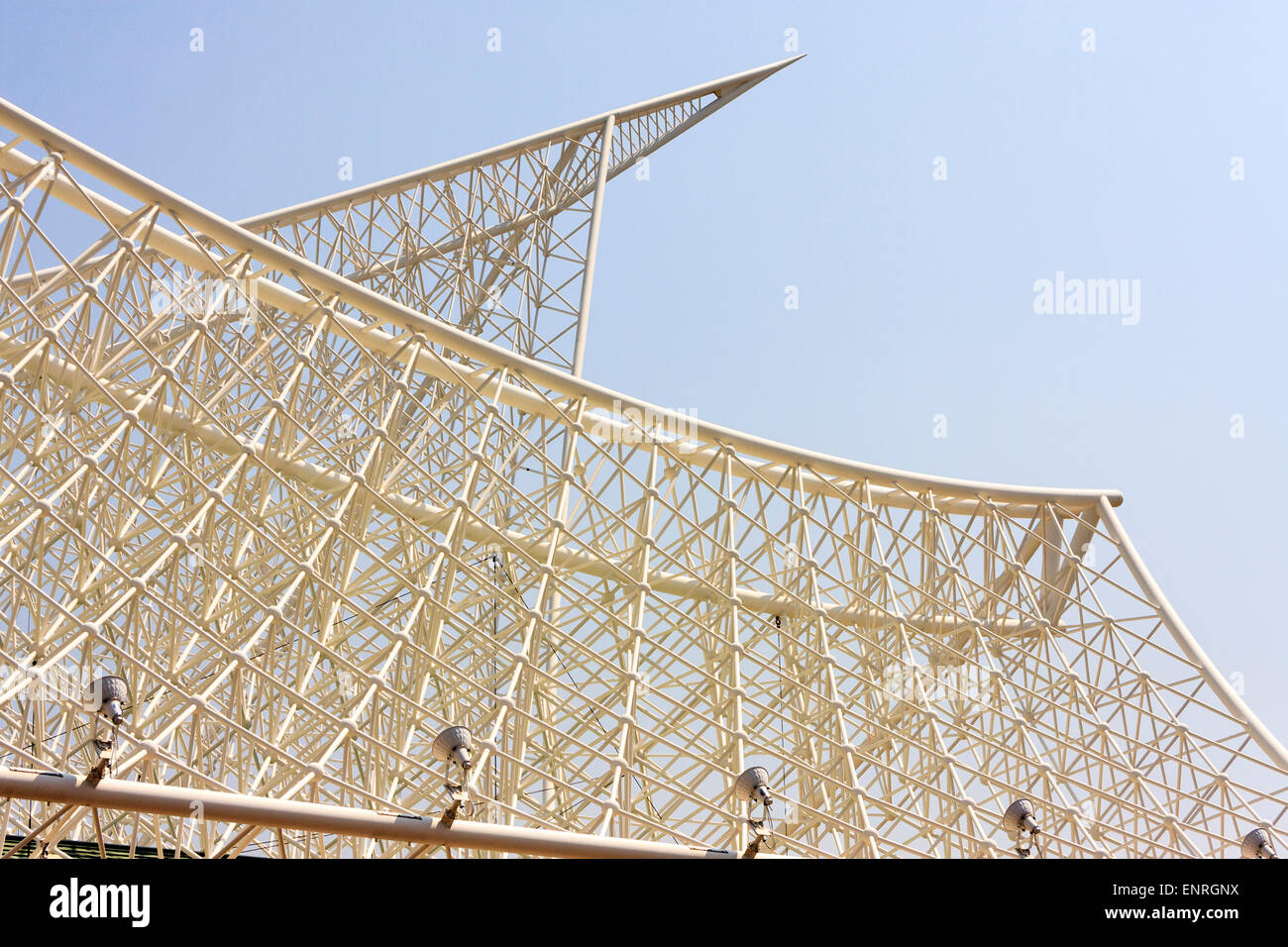 The white metal framework structure of the Kobe Maritime Museum. The ...