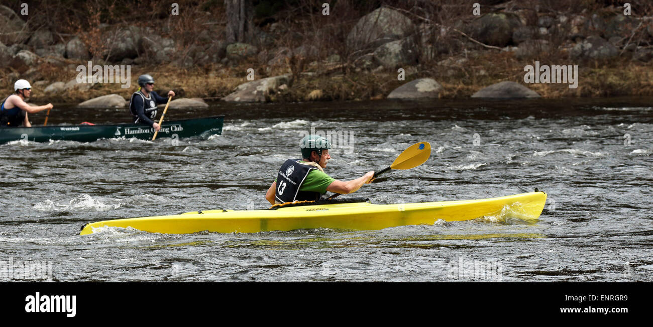 Senior man male in a yellow kayak. Kayaking on the Hudson River USA ...