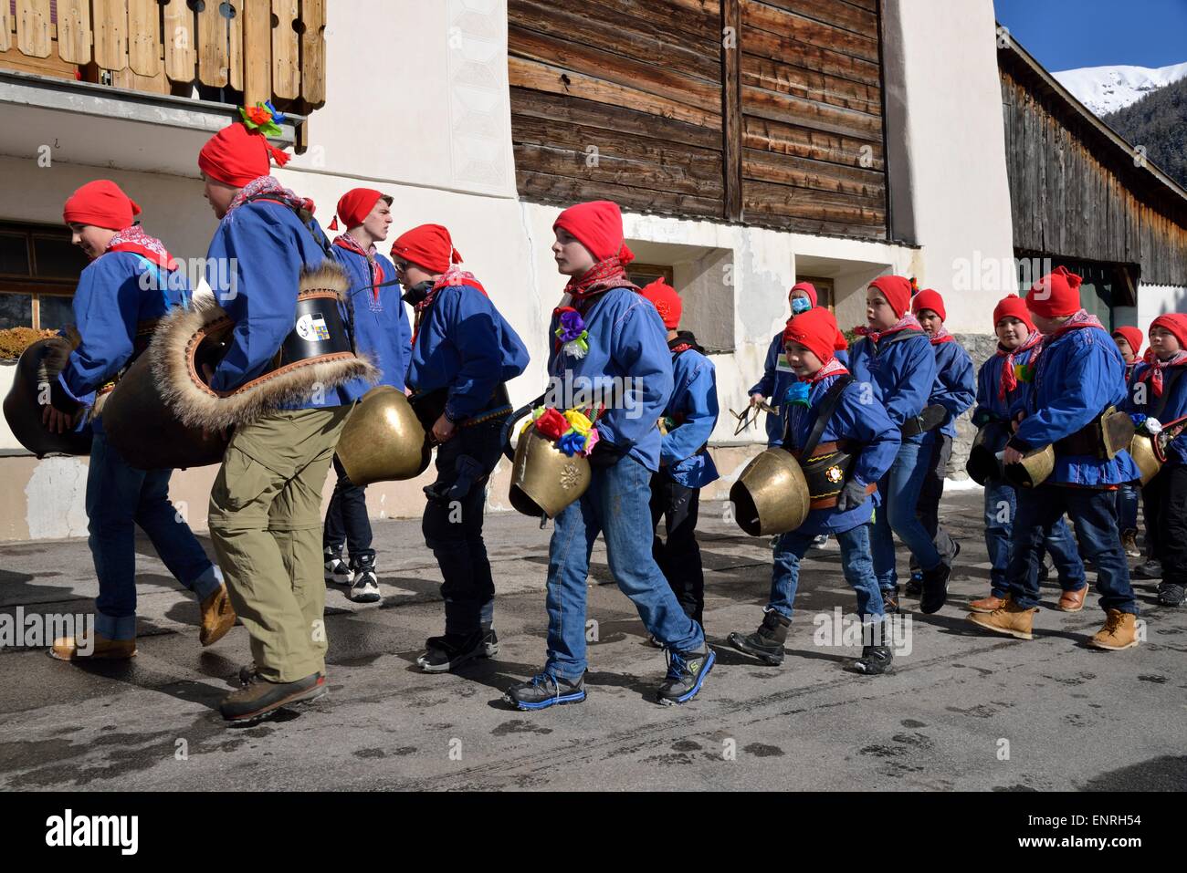 Children celebrating Chalandamarz, Brail, Lower Engadine, Graubünden ...