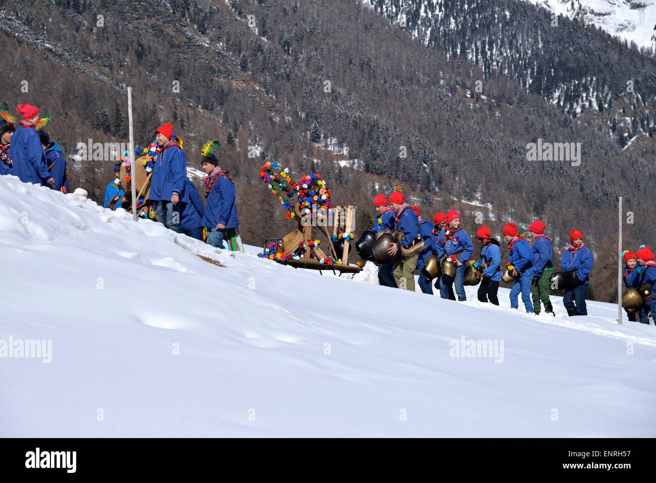 Children celebrating Chalandamarz, Brail, Lower Engadine, Graubünden ...