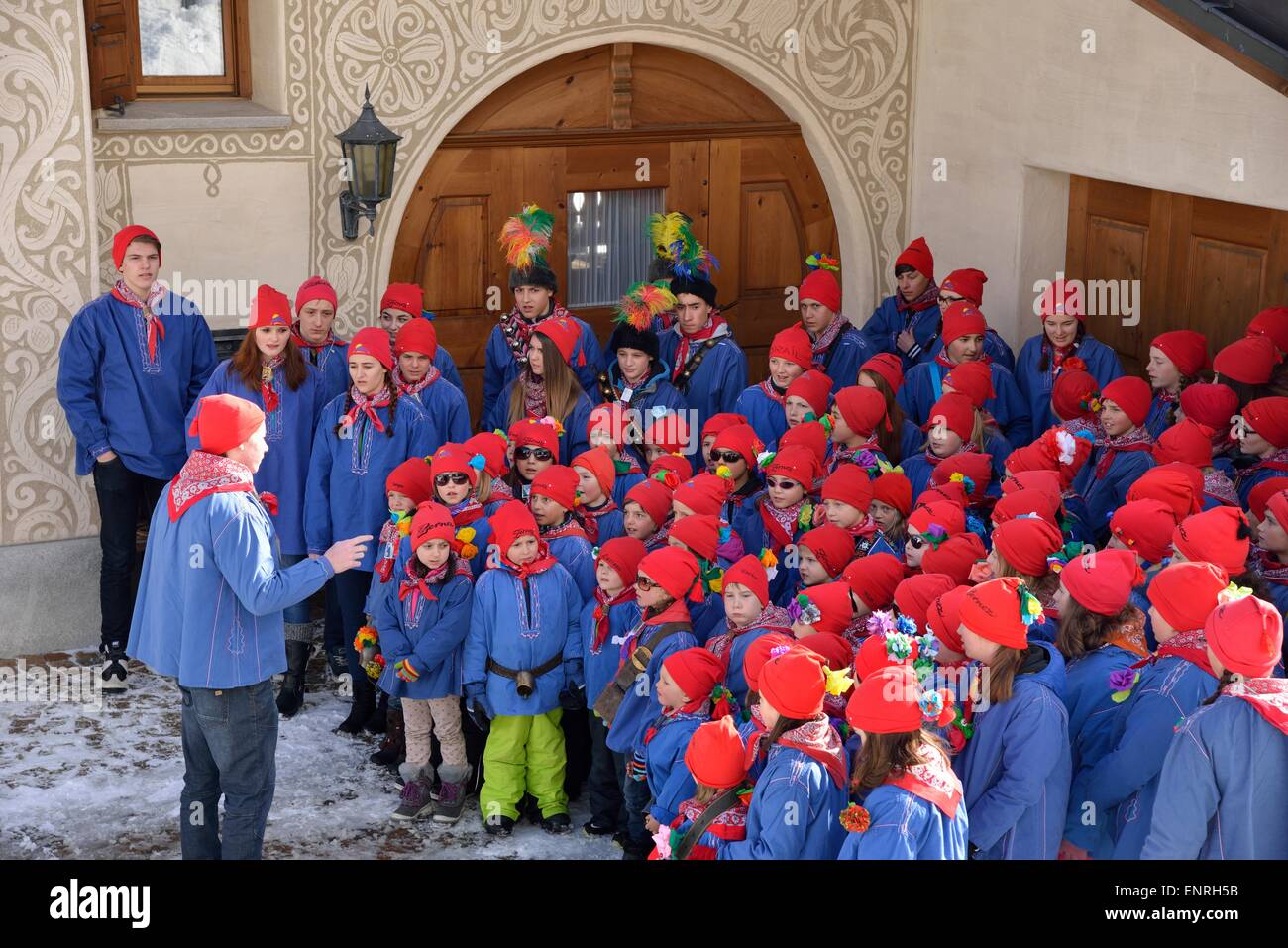 Children celebrating Chalandamarz, Brail, Lower Engadine, Graubünden ...