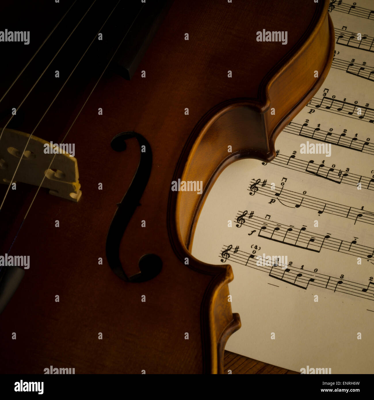 "time to practice violin" violin with sheet music on vintage style ...