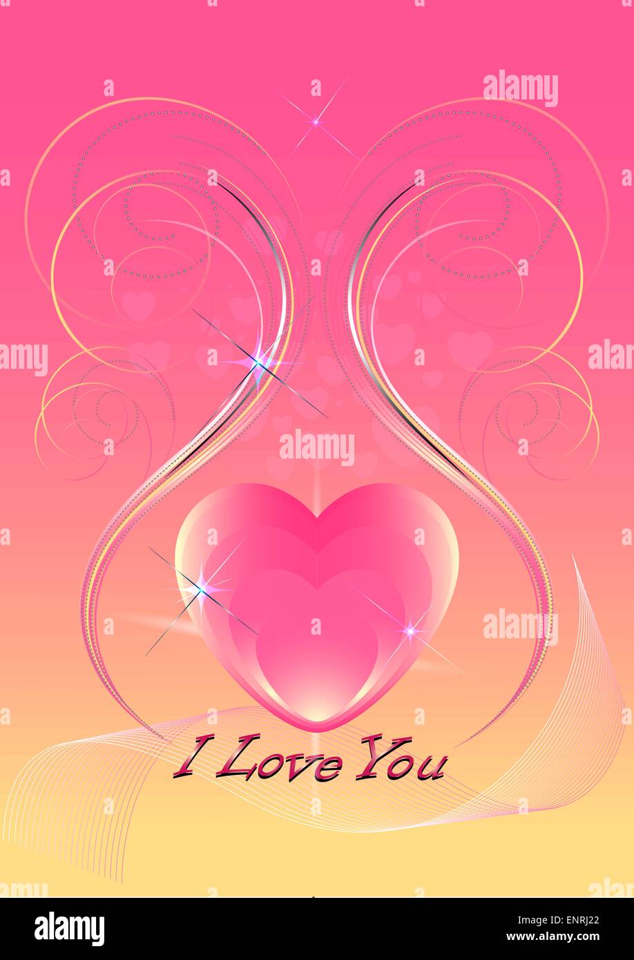 Pink hearts decorated with iridescent curved lines and sequins Stock ...