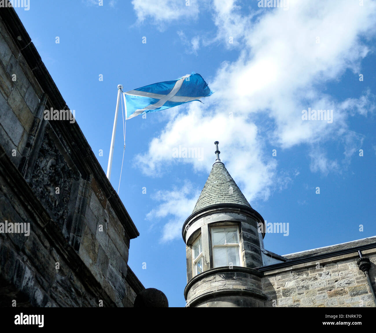 Scottish flag flying from Westport town gate, St Andrews, Scotland ...