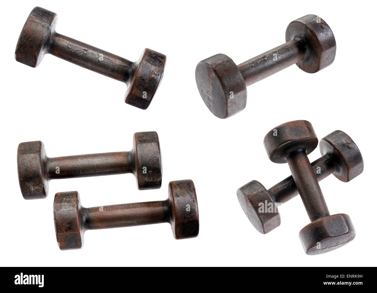 old rusty dumbbells isolated on white with clipping paths - a collage ...