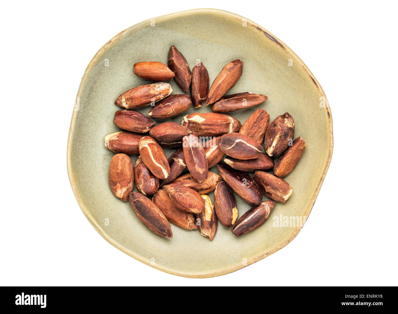 roasted pili nuts grown in Philippines, top view of ceramic bowl ...