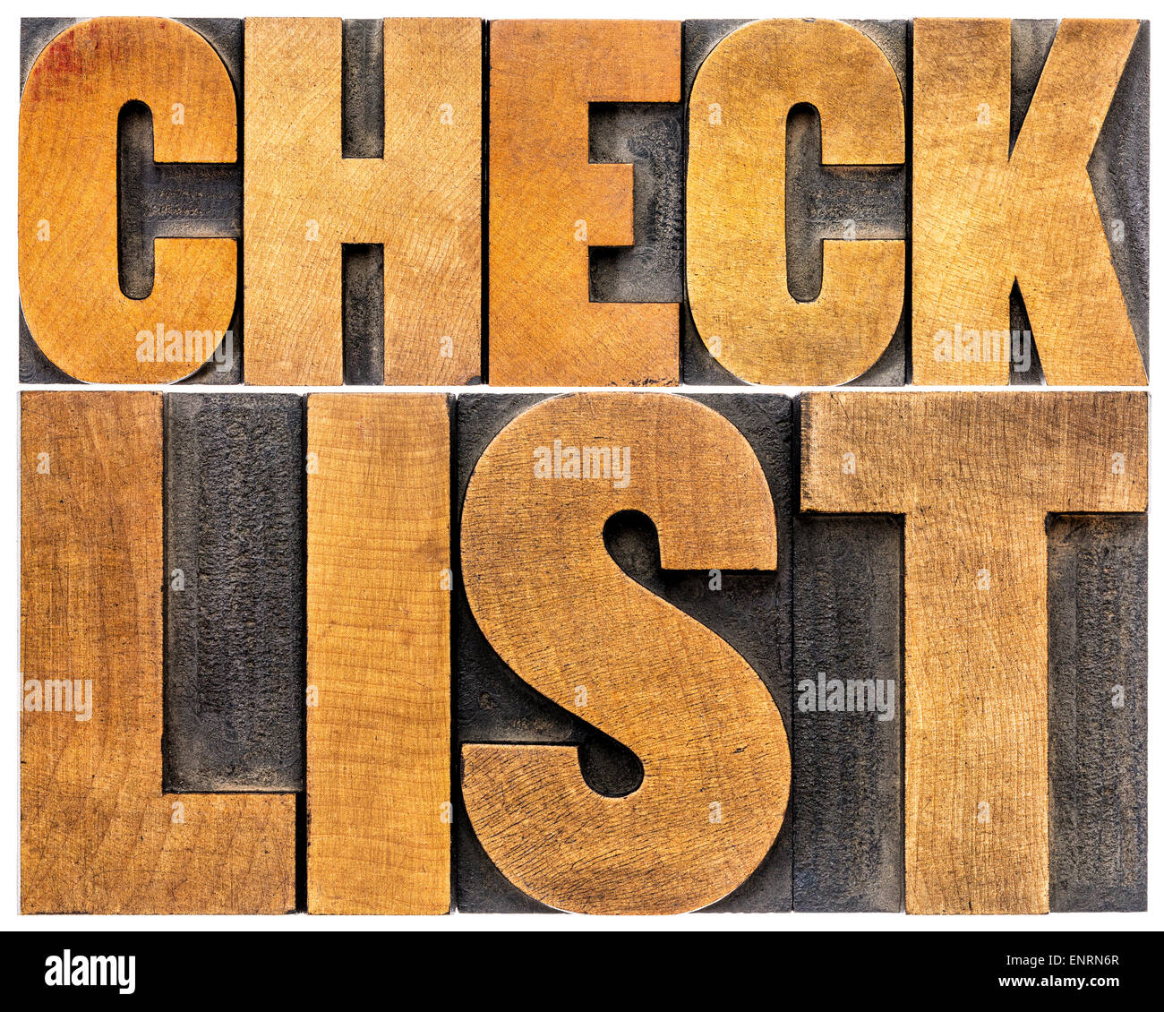 checklist word typography -isolated text in letterpress wood type Stock ...
