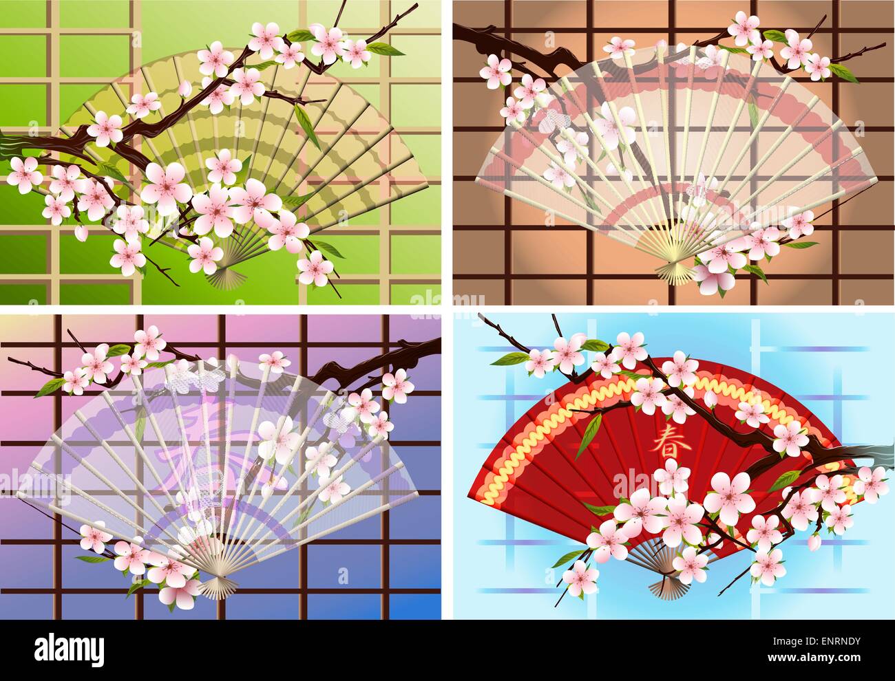 four Japanese fans with a blossoming branch of eastern cherry drawn ...