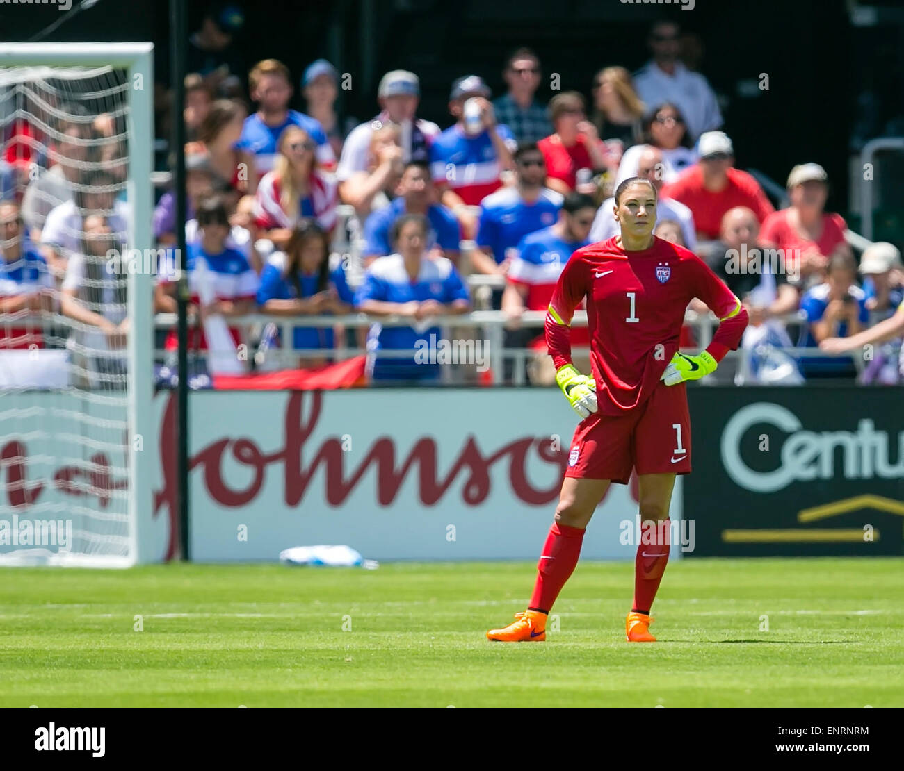 San Jose, CA. 10th May, 2015. US goalie Hope Solo watches the action ...