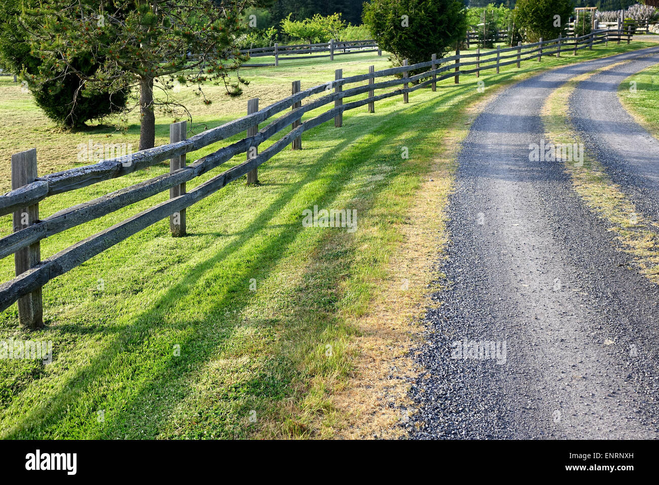Image of a gravel road in the countryside with a split rail fence ...