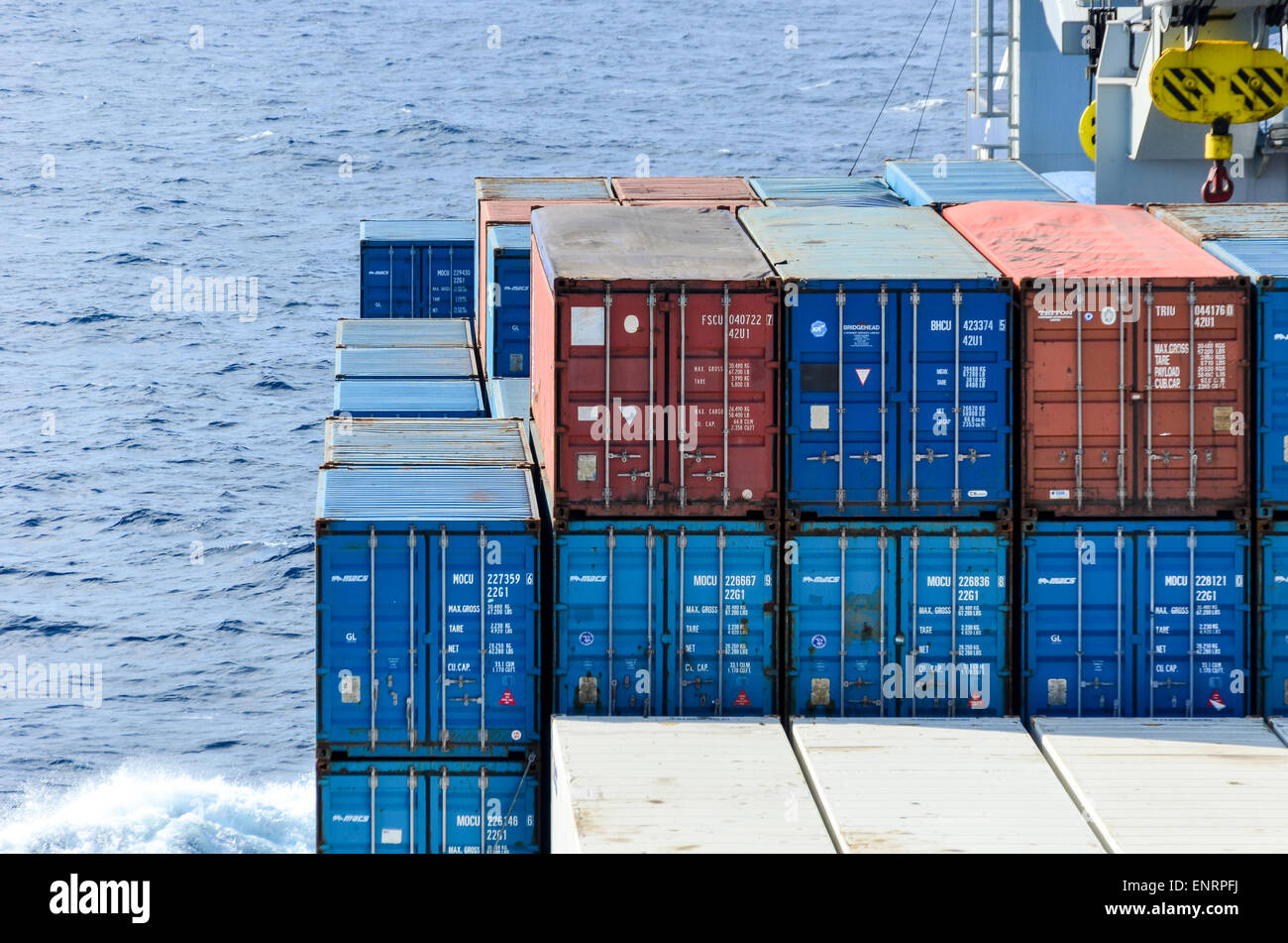 Containers in the open sea: container ship sailing in the Atlantic ...