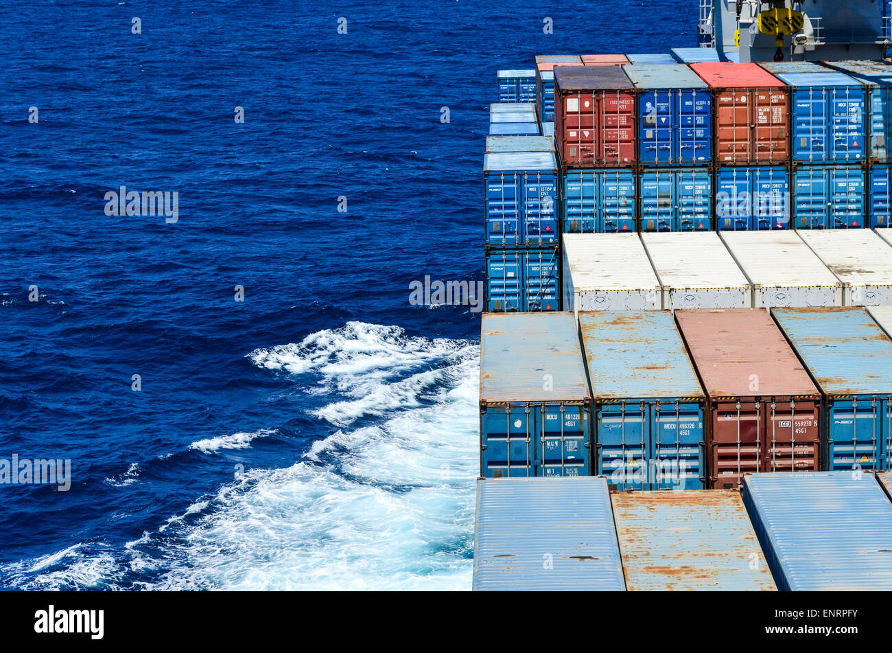 Containers in the open sea: container ship sailing in the Atlantic ...