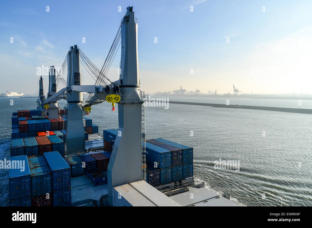 A container ship sailing into the port of Rotterdam, Netherlands Stock ...