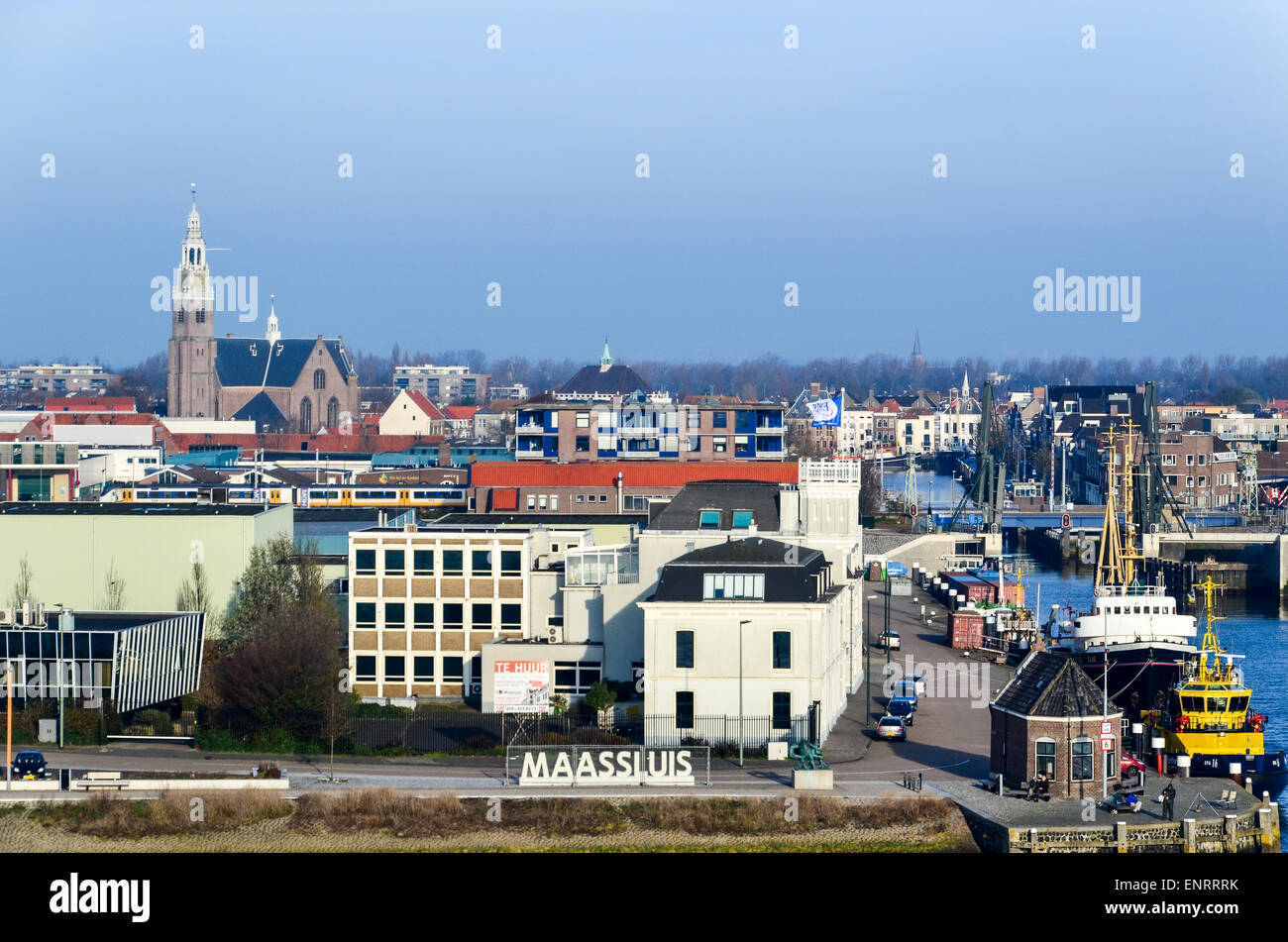 Town of Maassluis seen from a cargo vessel passing in the Nieuwe ...