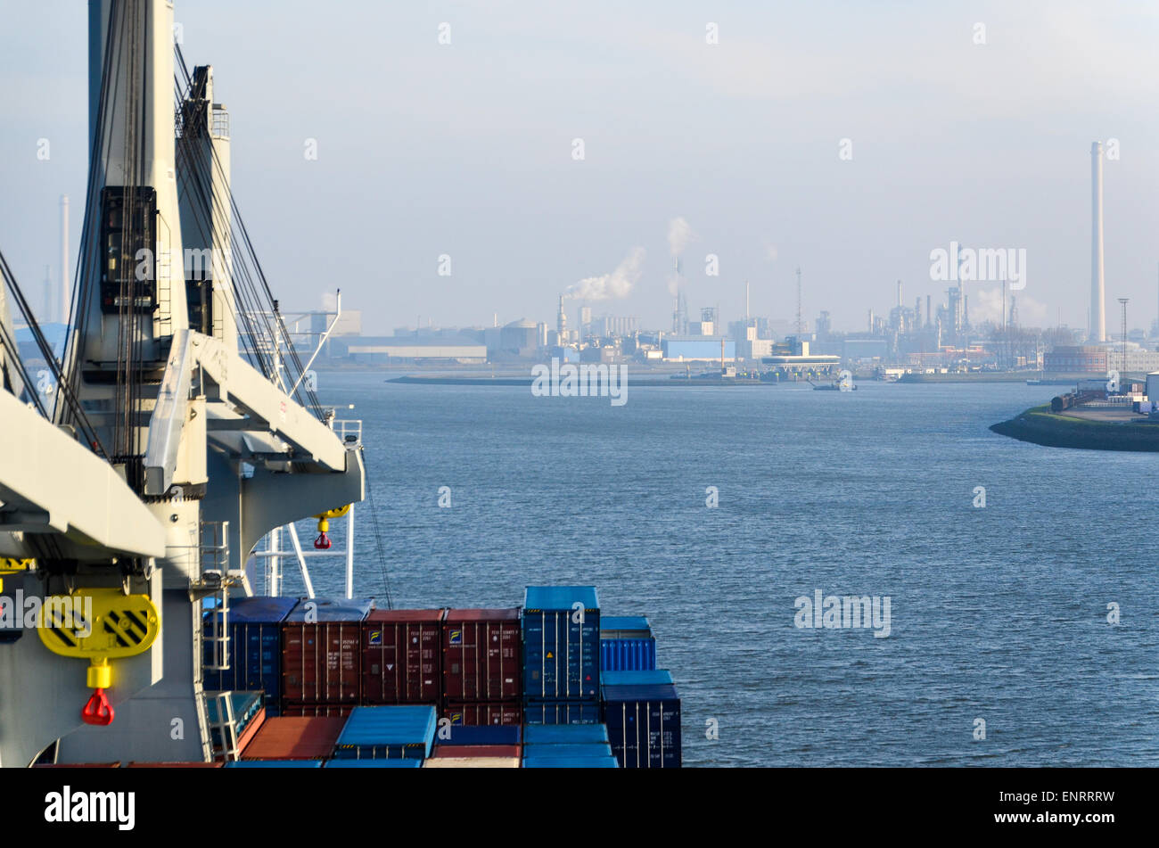 A container ship sailing into the port of Rotterdam, Netherlands Stock ...