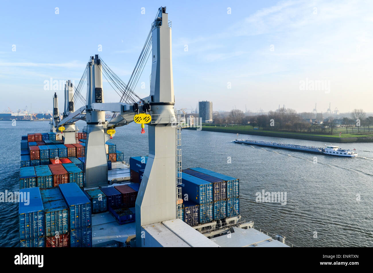 A container ship sailing into the port of Rotterdam, Netherlands Stock ...