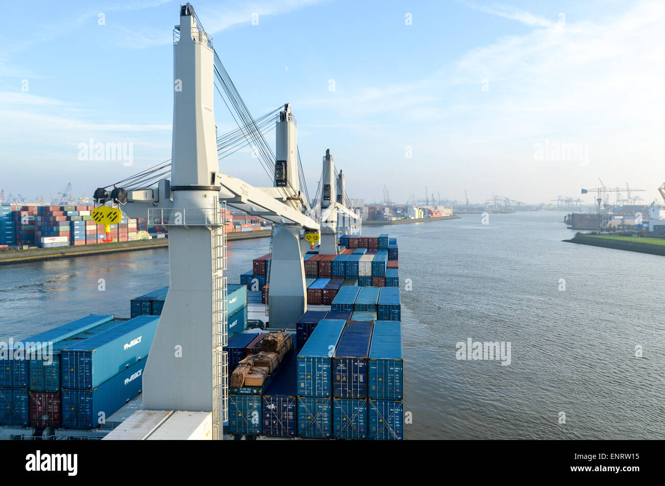 A container ship sailing into the port of Rotterdam, Netherlands Stock ...