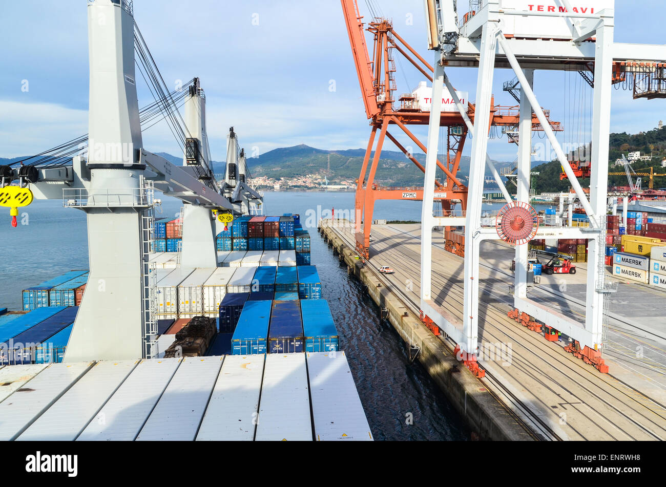 Large ship docking at the container terminal of the port of Vigo, Spain ...