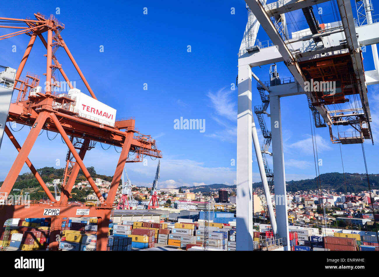 Close up on the Termavi cranes of the container terminal of the port of ...