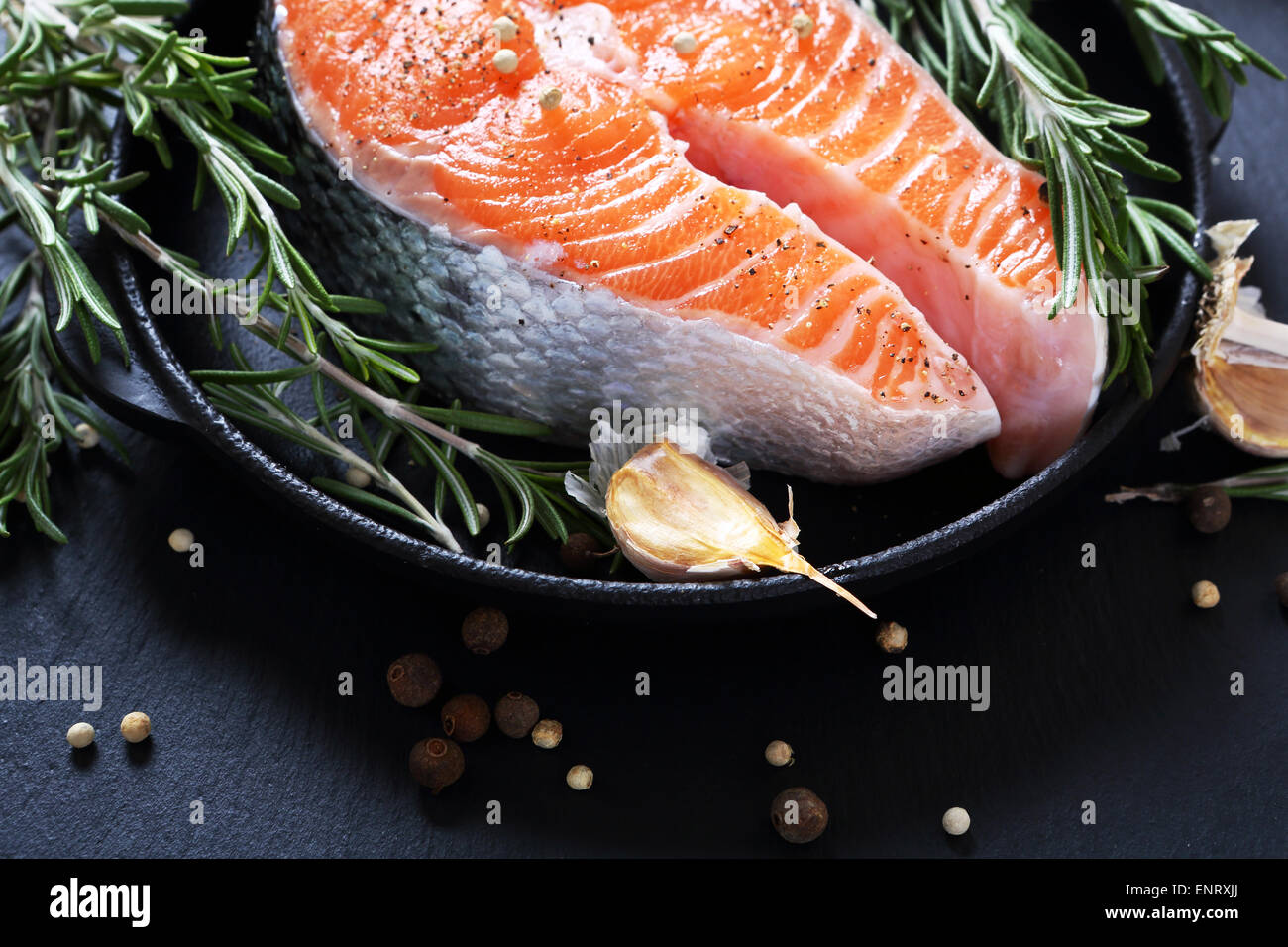 Raw salmon on slate, food Stock Photo - Alamy