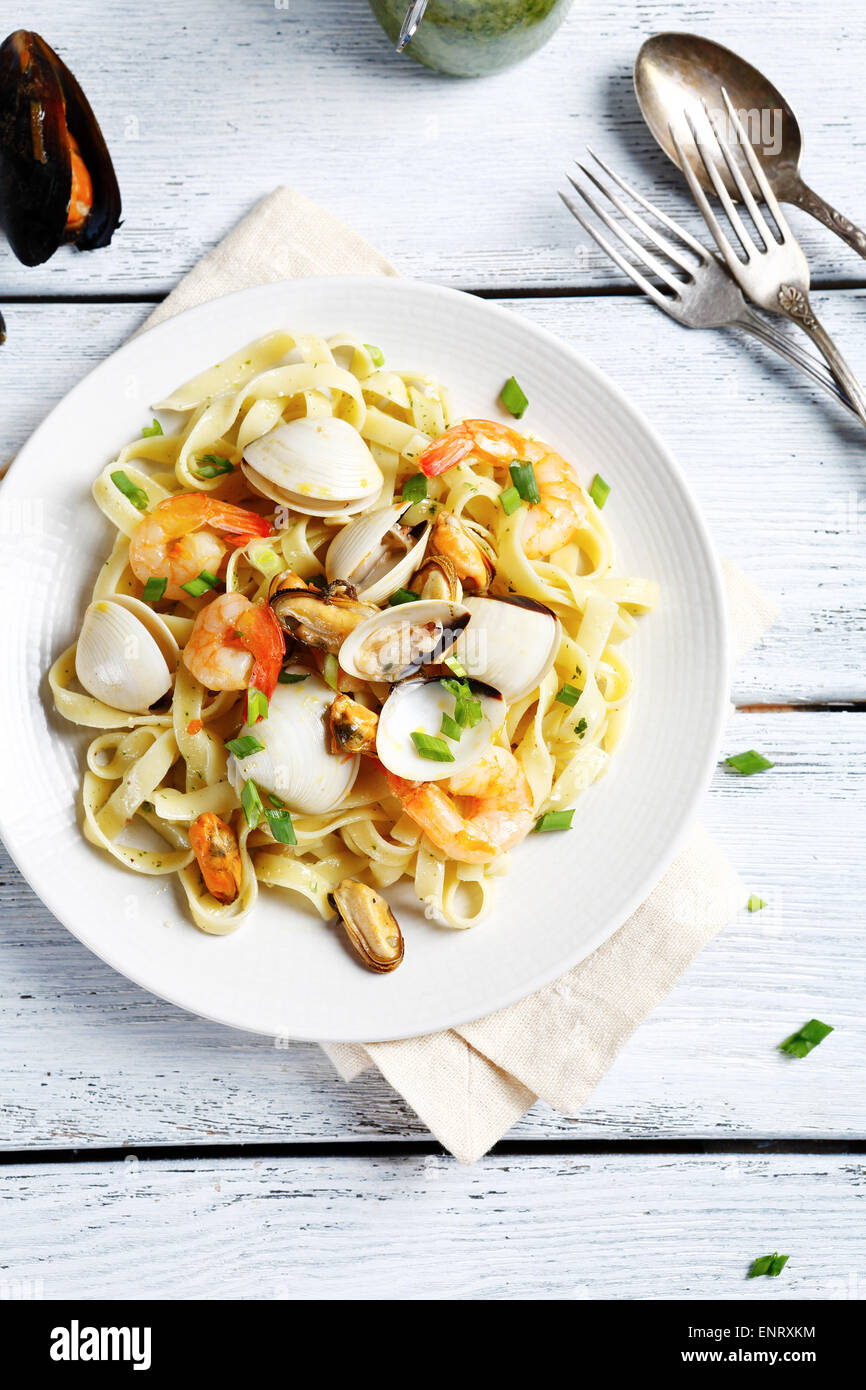 pasta with seafood on plate, food Stock Photo - Alamy