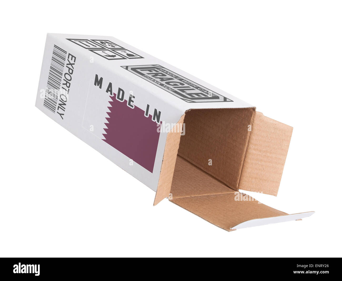 Concept of export, opened paper box - Product of Qatar Stock Photo - Alamy