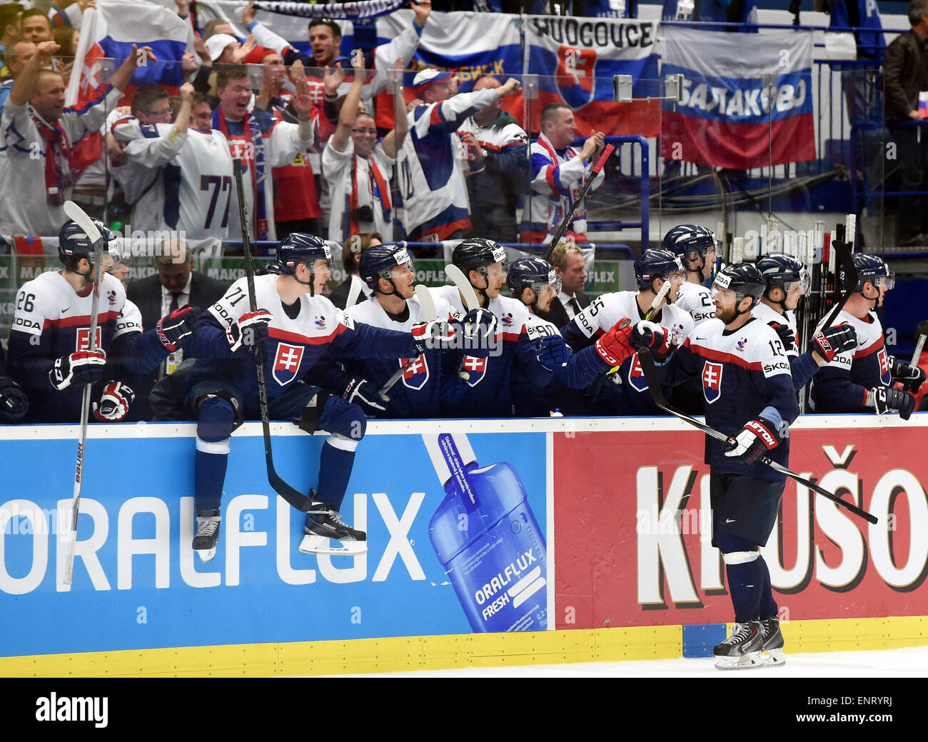 Ostrava, Czech Republic. 10th May, 2015. Slovak's hockey team celebrate ...