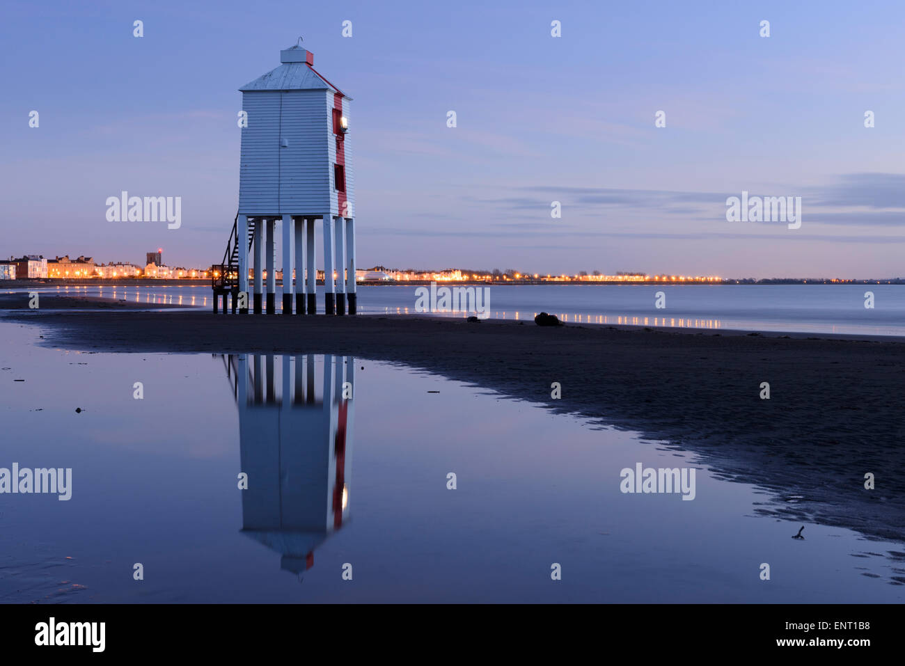 The wooden lighthouse alight at dusk on Burnham-on-Sea Beach, Somerset ...