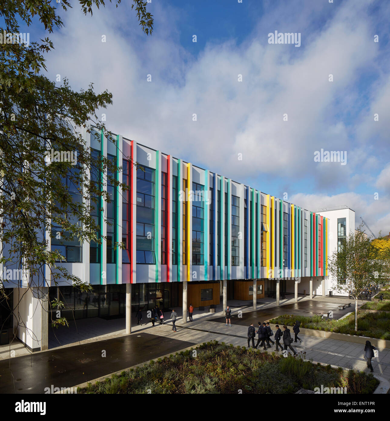 Courtyard garden with colourful facade fins. Regent High School, London ...