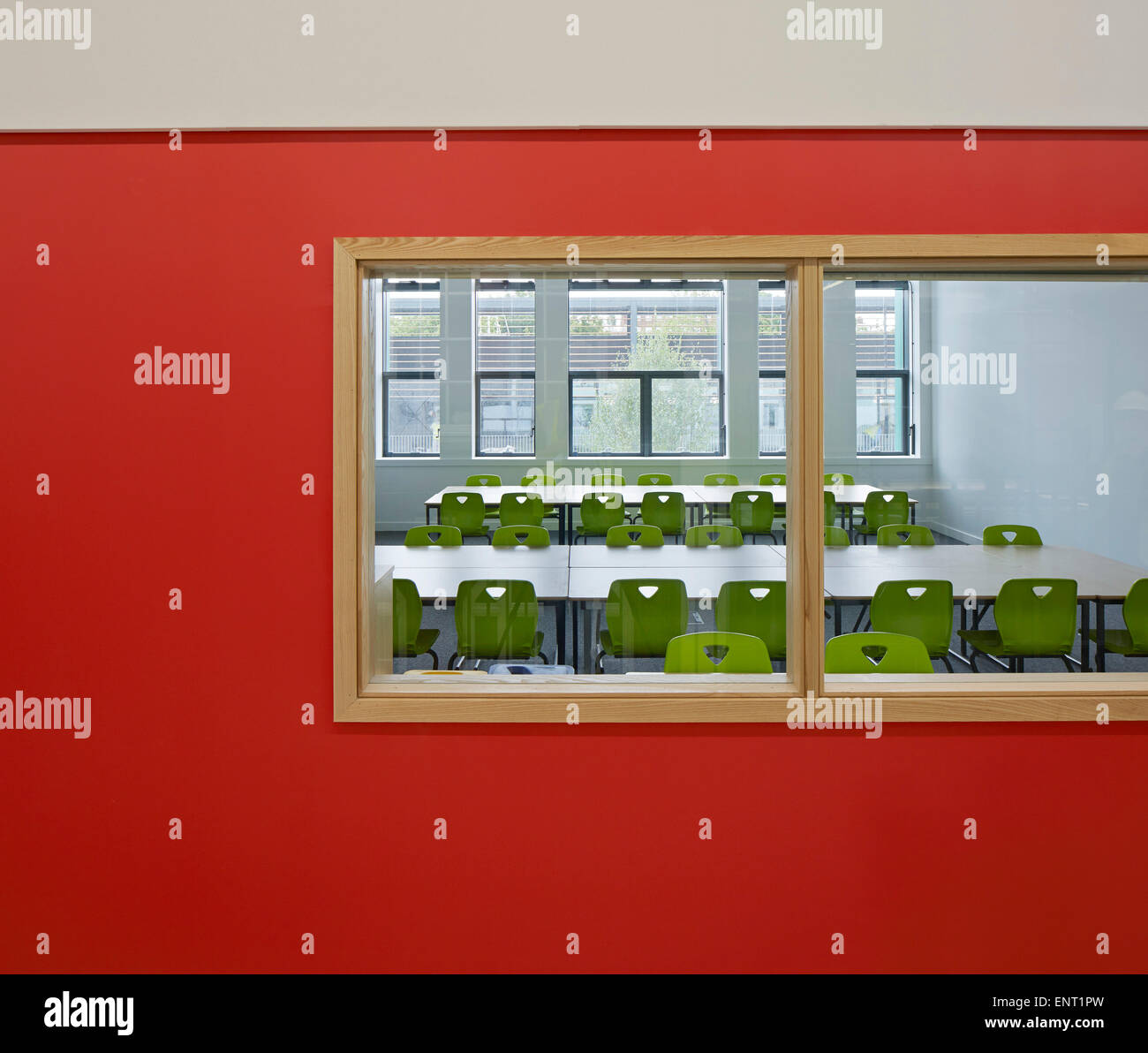 Internal view through from school corridor to classroom. Regent High ...