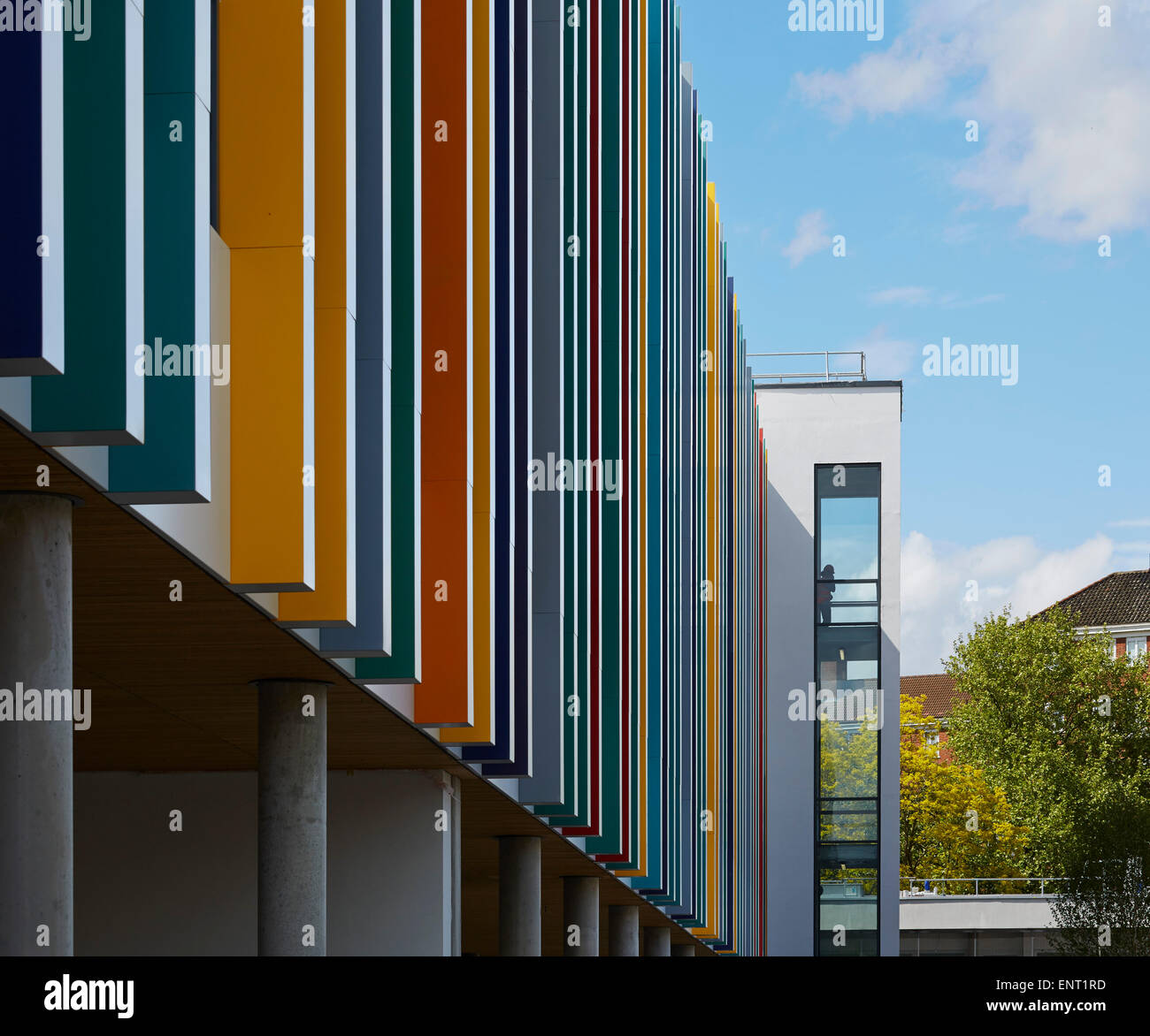 Perspective along colourful facade fins. Regent High School, London ...