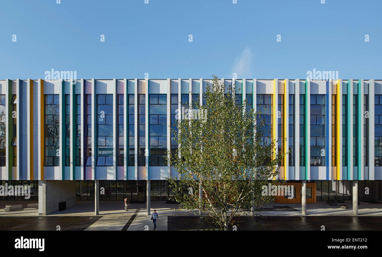 Panorama of courtyard garden with colourful facade fins. Regent High ...