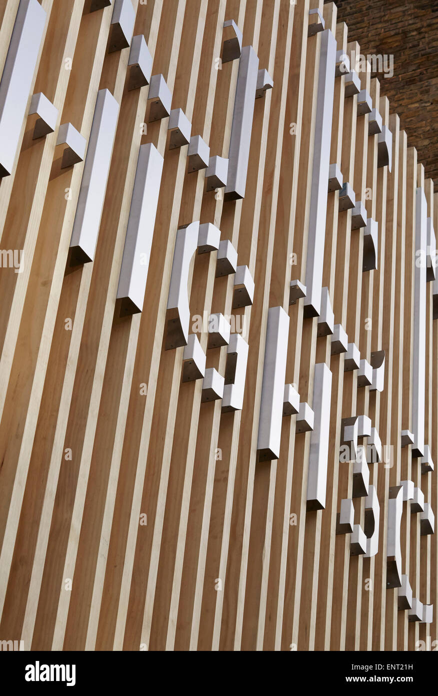Detail of school's signage on timber fence. Regent High School, London ...