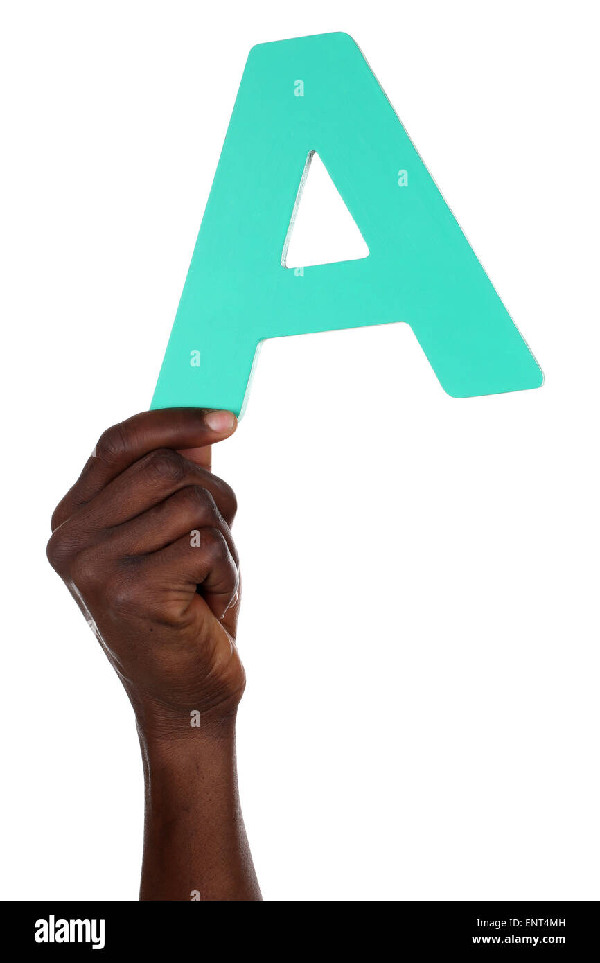 Hand holding letter A from alphabet isolated on a white background ...