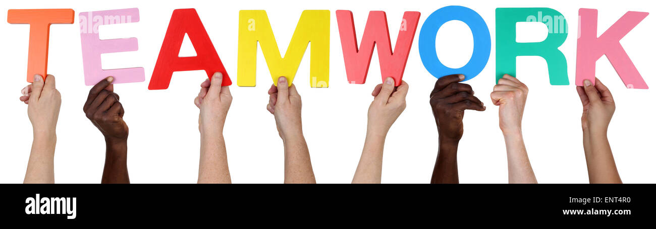 Multi ethnic group of people holding the word teamwork isolated Stock ...